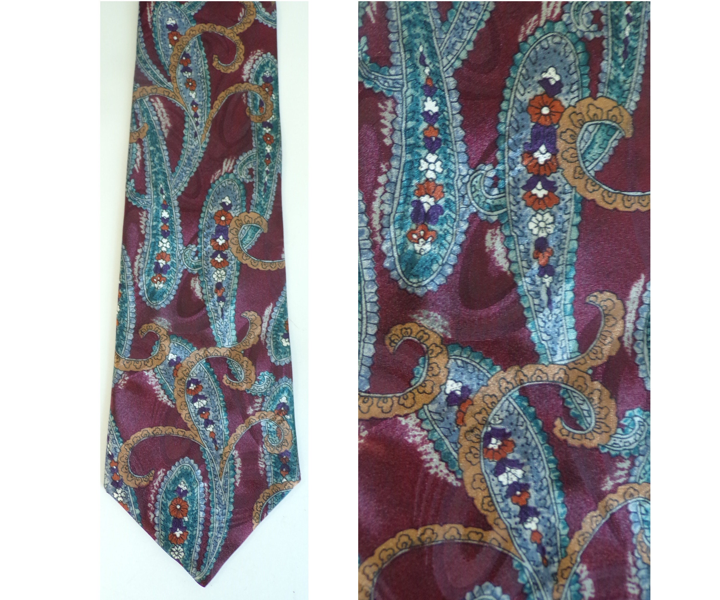90s Red Blue & Brown Paisley Print Tie, Towncraft Tie, Dark Red Tie ...