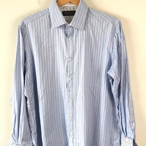 90s Light Blue Striped Contrast French Cuff Dress Shirt Mens Size 17 32 ...