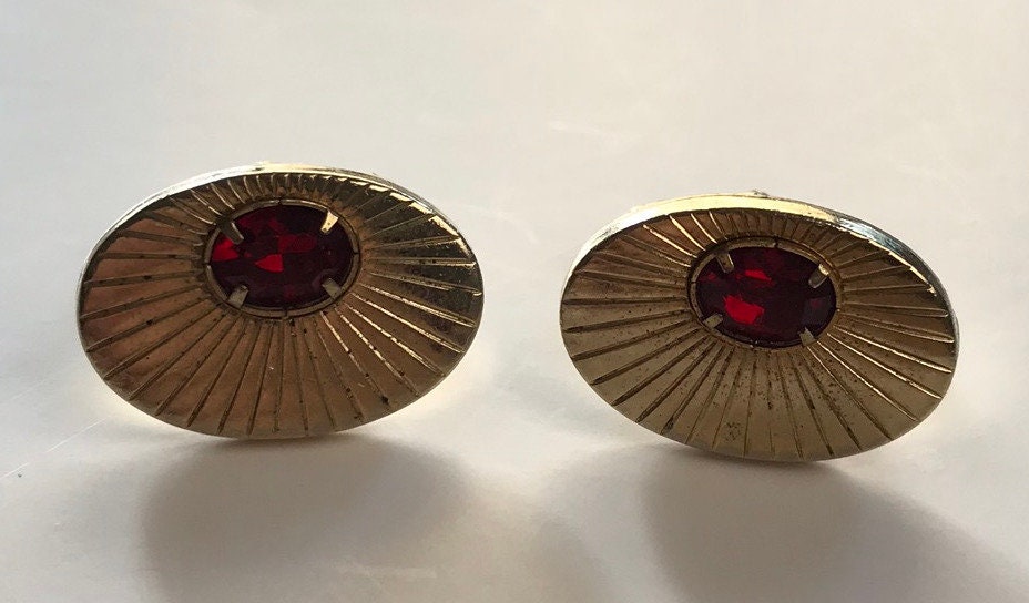Vintage Gold & Red Jewel Oval Cufflinks, Classic Gold Fancy Dressy ...
