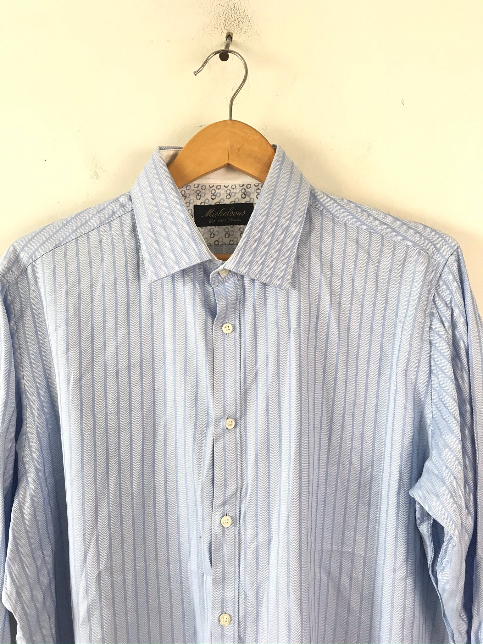 90s Light Blue Striped Contrast French Cuff Dress Shirt Mens Size 17 32 ...