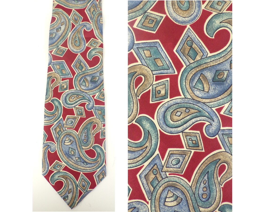 Vintage Mens Paisley Tie, 90s Blue Red Brown Tie, Silk Paisley Print ...