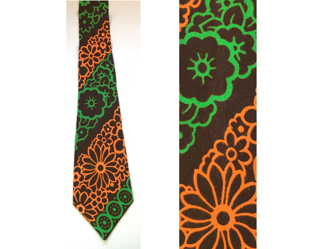 Vintage Neon Flower Tie, Handmade Brown Orange Green Floral Tie, 70s ...