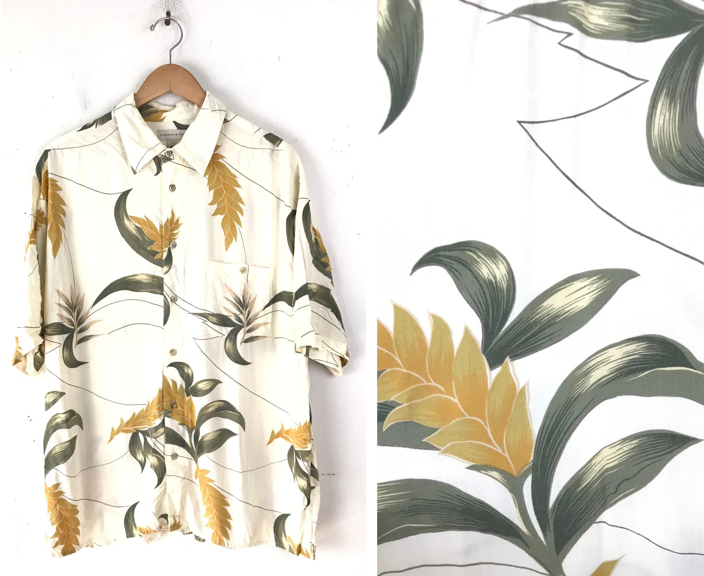 90s Cream Green & Yellow Leaf Print Hawaiian Shirt