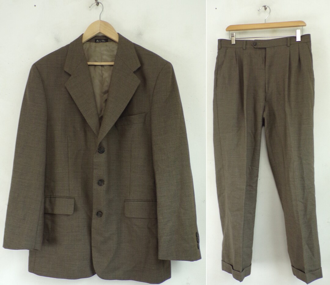 Vintage Mens Micro Plaid Suit, Brown Red Two Piece Suit Men Size 40R ...