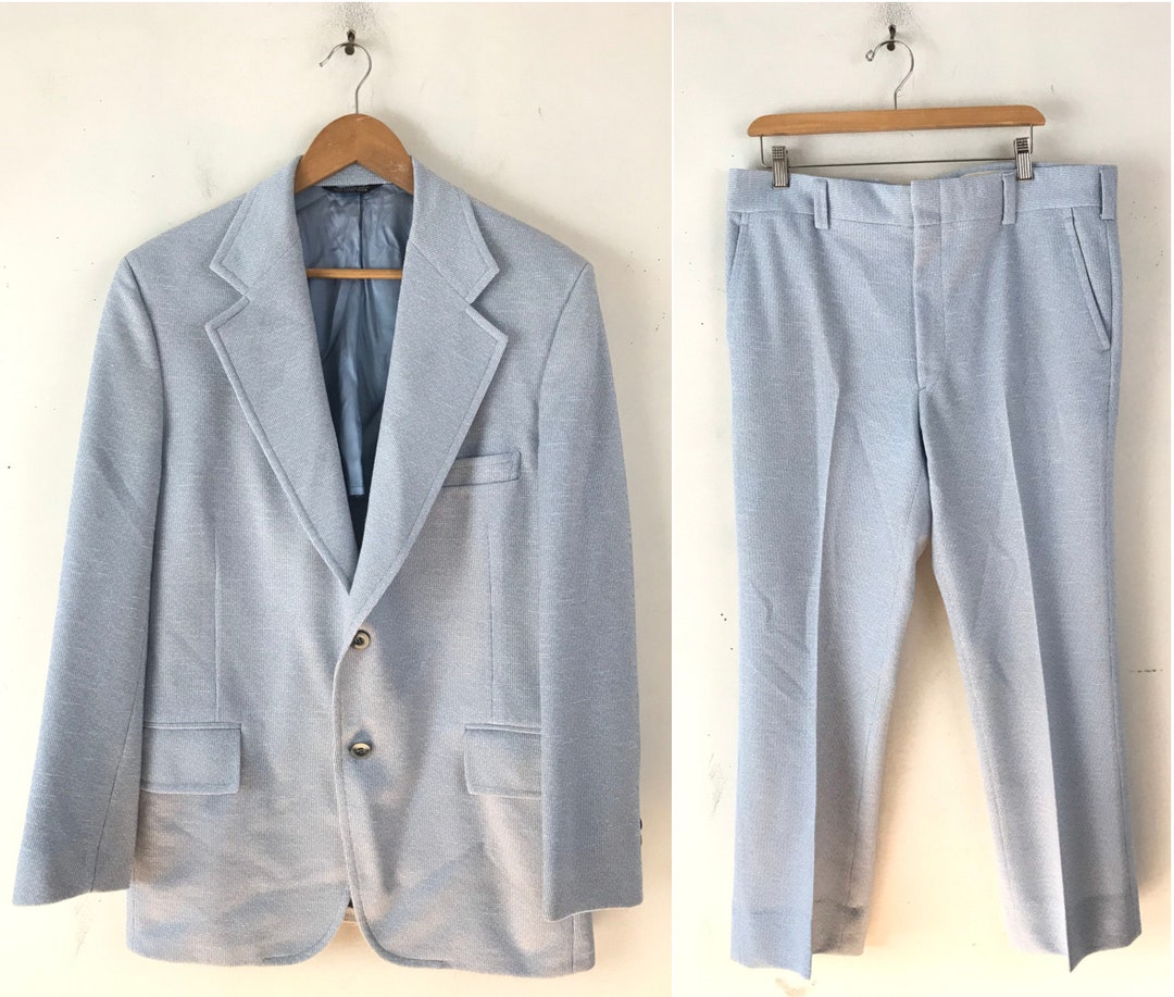 Vintage Men's Light Blue Suit, 1970s Blue White 2 Piece Suit Size 44 ...