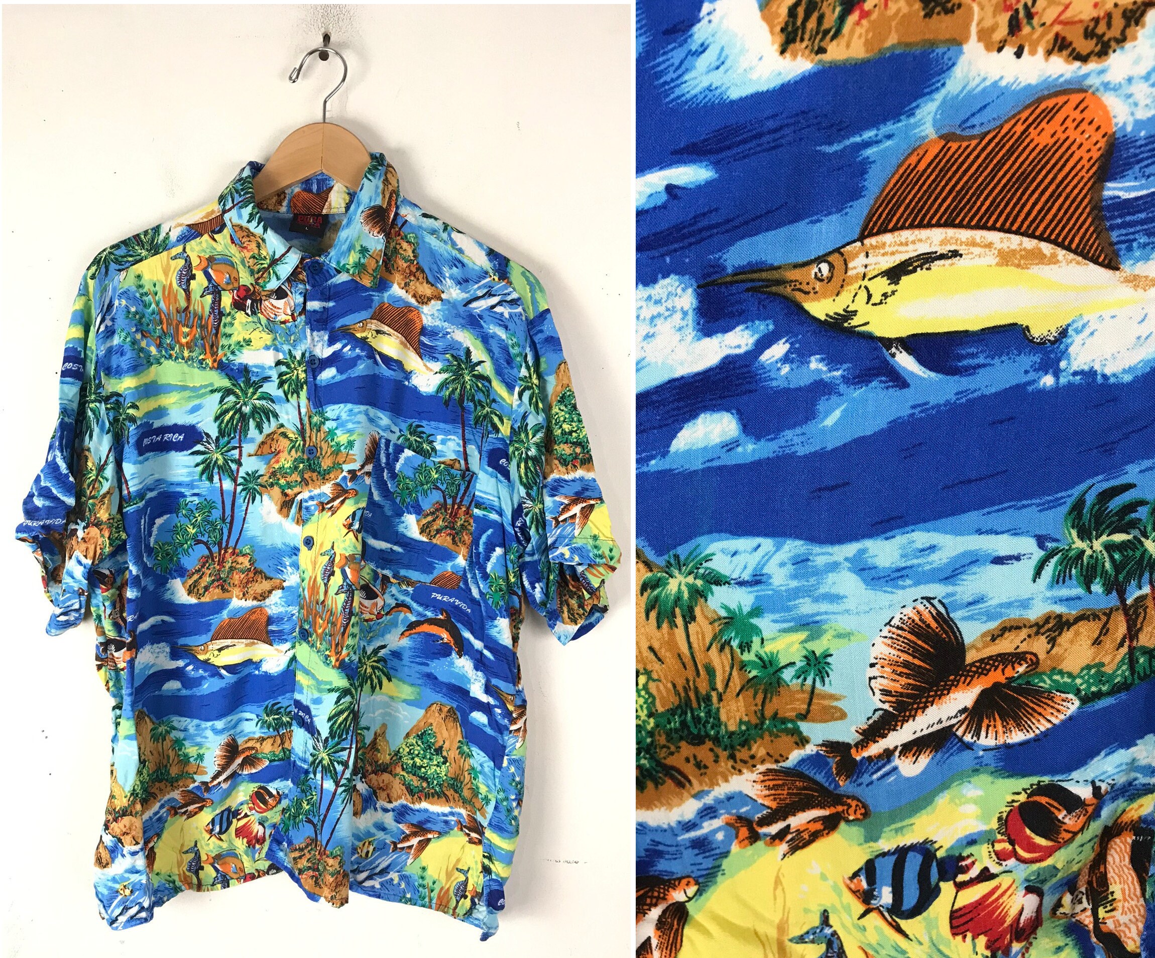 Vintage Mens Fish Hawaiian Shirt, Colorful Fish Island Shirt Large ...