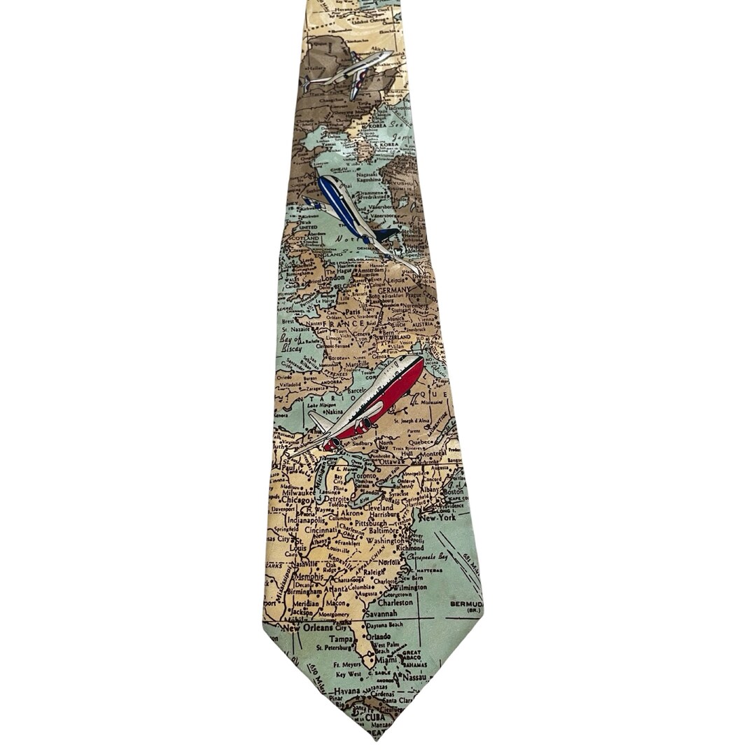 Vintage Maps Travel Tie, Global Map Airplanes Flying Travel Novelty ...