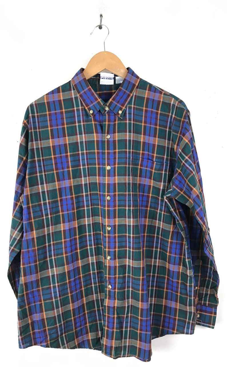 Vintage Green Blue Red And Yellow Plaid Button Down Shirt Mens Xl