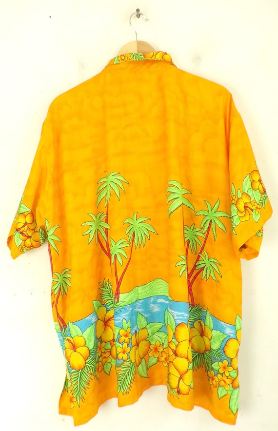 Vintage Mens Hawaiian Shirt Yellow Bright Palm Tree… Gem