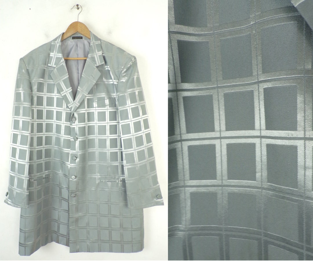 Vintage Mens Long Blazer, Silver Window Pane Plaid Dress Coat 46R ...