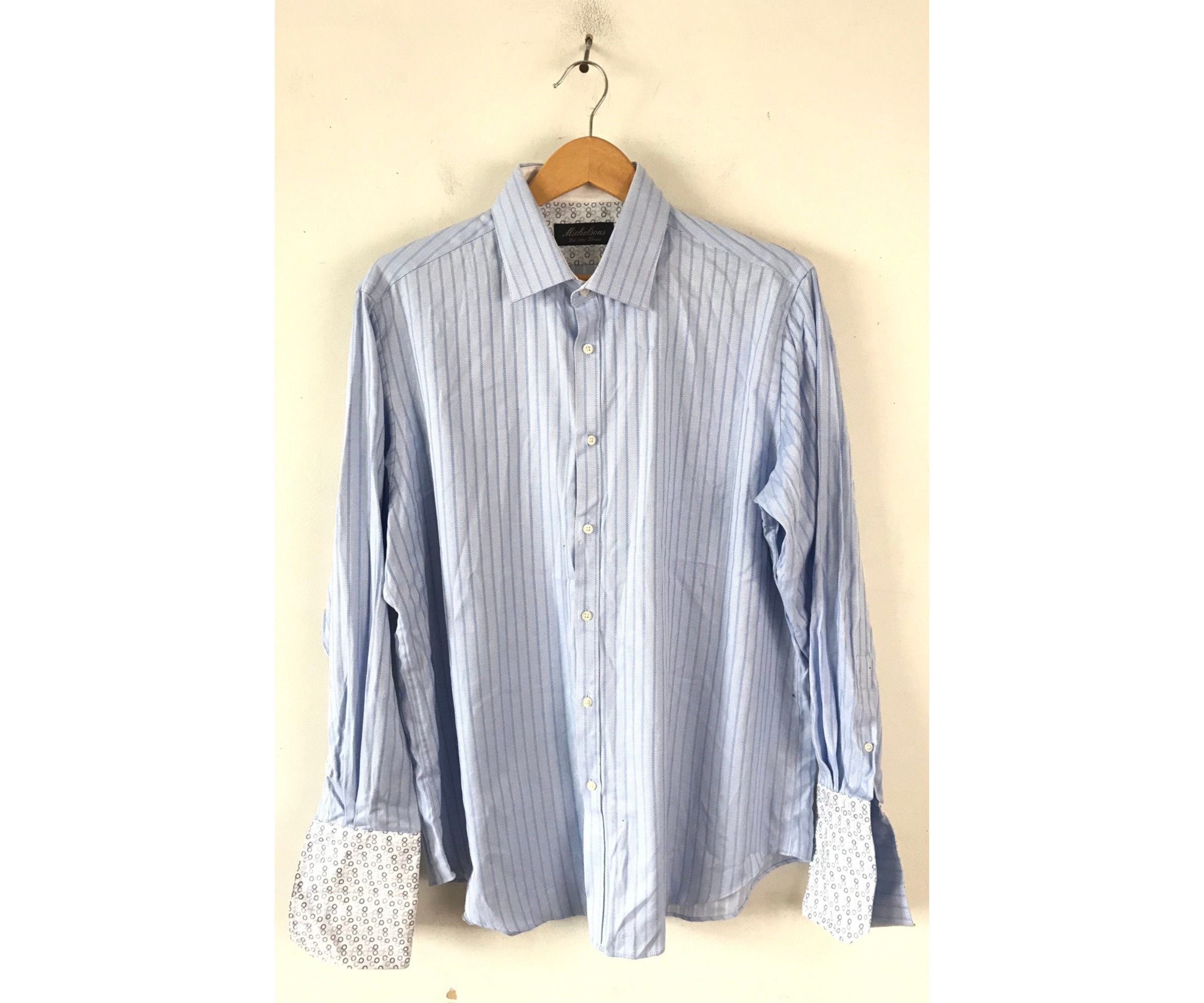 90s Light Blue Striped Contrast French Cuff Dress Shirt Mens Size 17 32 ...