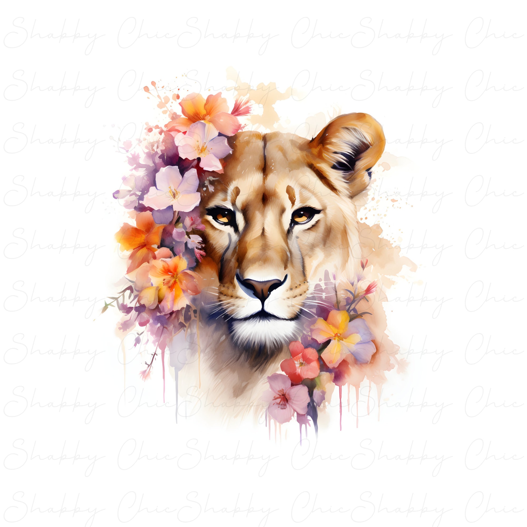 Lioness Floral Clipart, 4 JPEG Clipart Designs, Watercolour Clipart ...