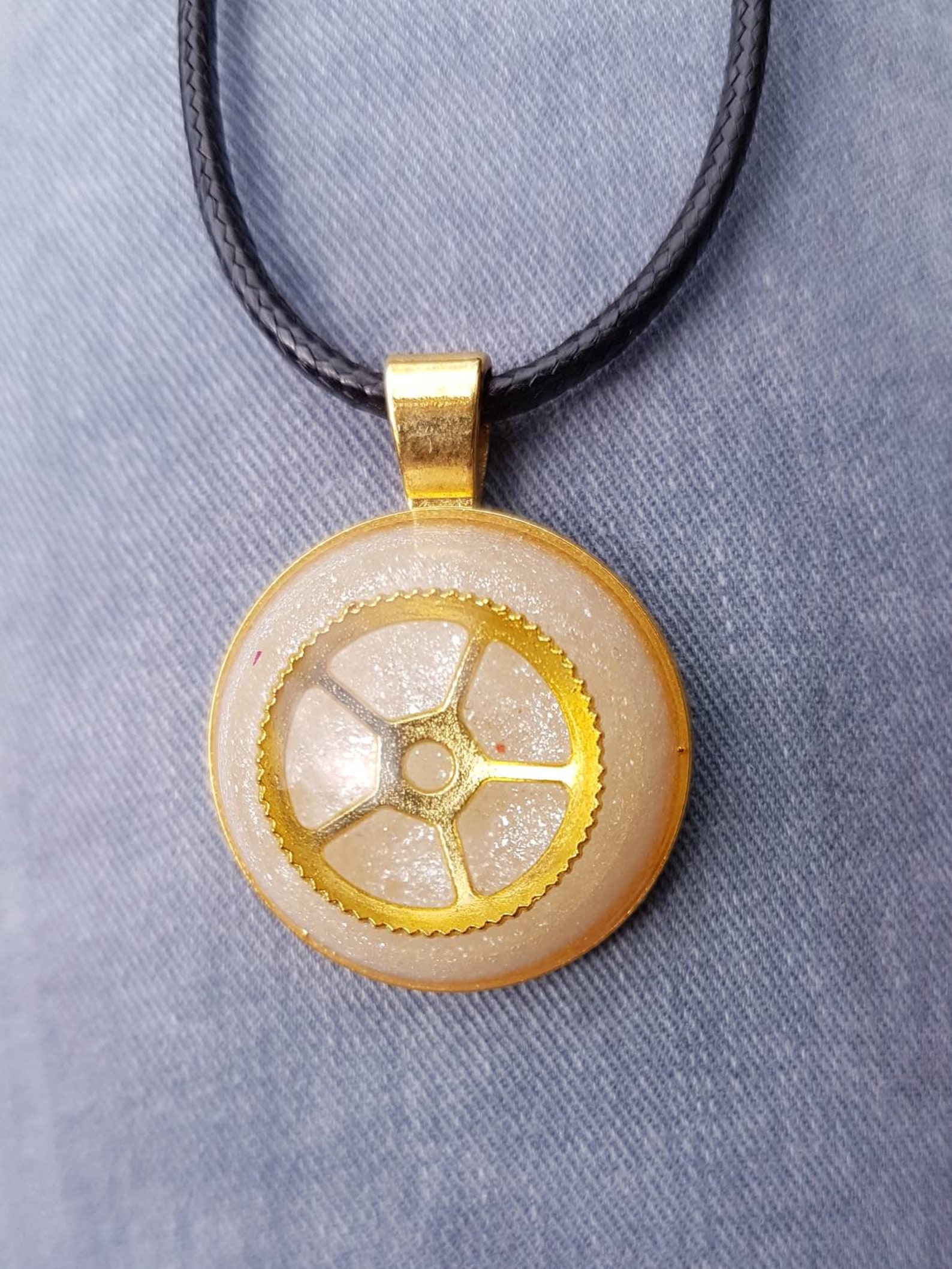 Necklace With Round Pendant: Golden Amulet With Golden Gear Cast in ...