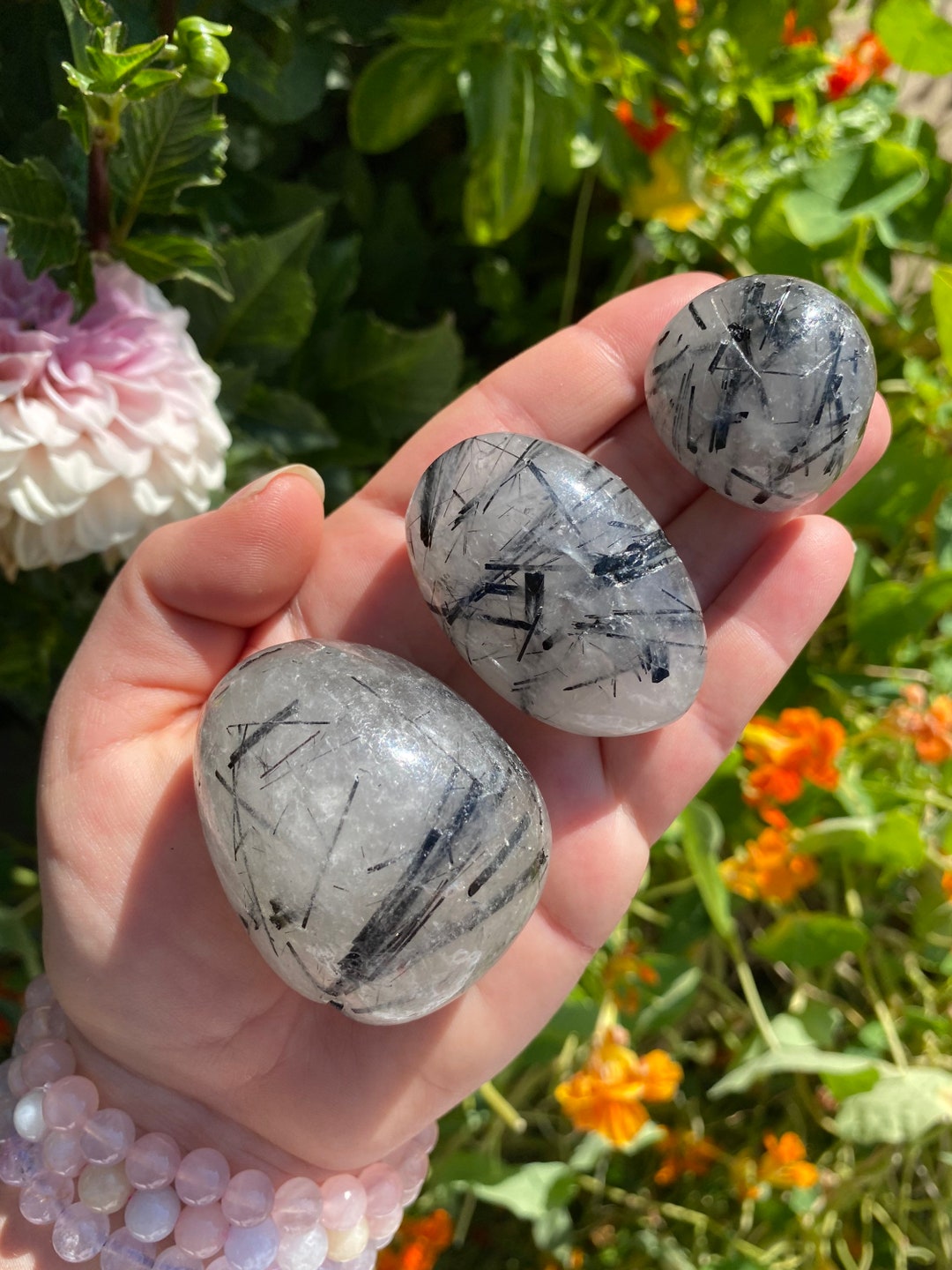 Black Tourmalinated Quartz Palm Stone, Polished Black Tourmaline Quartz ...