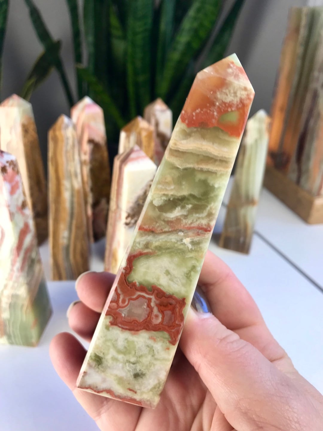 Large Green Onyx Crystal Point, 5" Obelisk, Banded Calcite Crystal ...