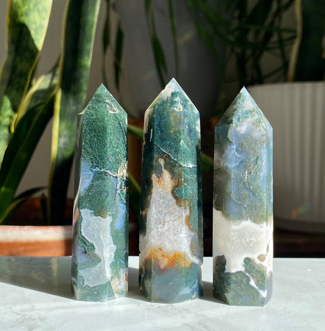 High Quality Moss Agate Polished Point, Natural Moss Agate Tower ...
