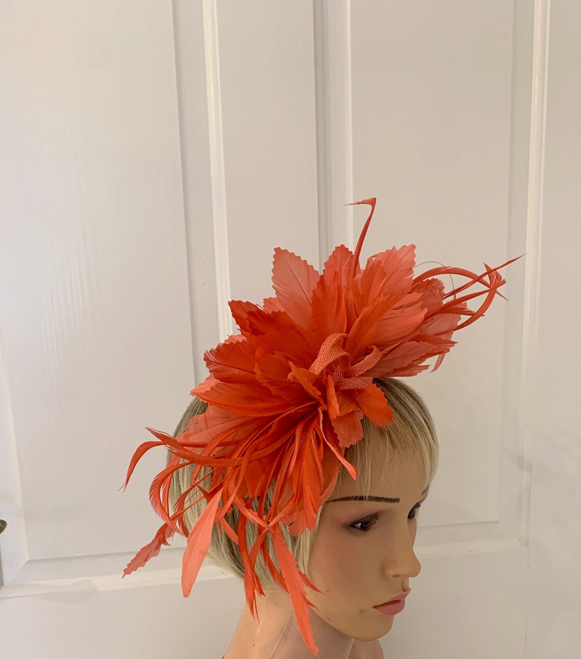 Coral Feathery Fascinator on Thin Hairband, Statement Coral Fascinator ...