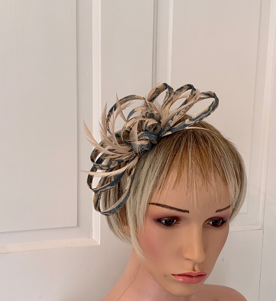 Bluey Green Pattern Print Feather Fascinator, Aqua Blue and Gold Print ...