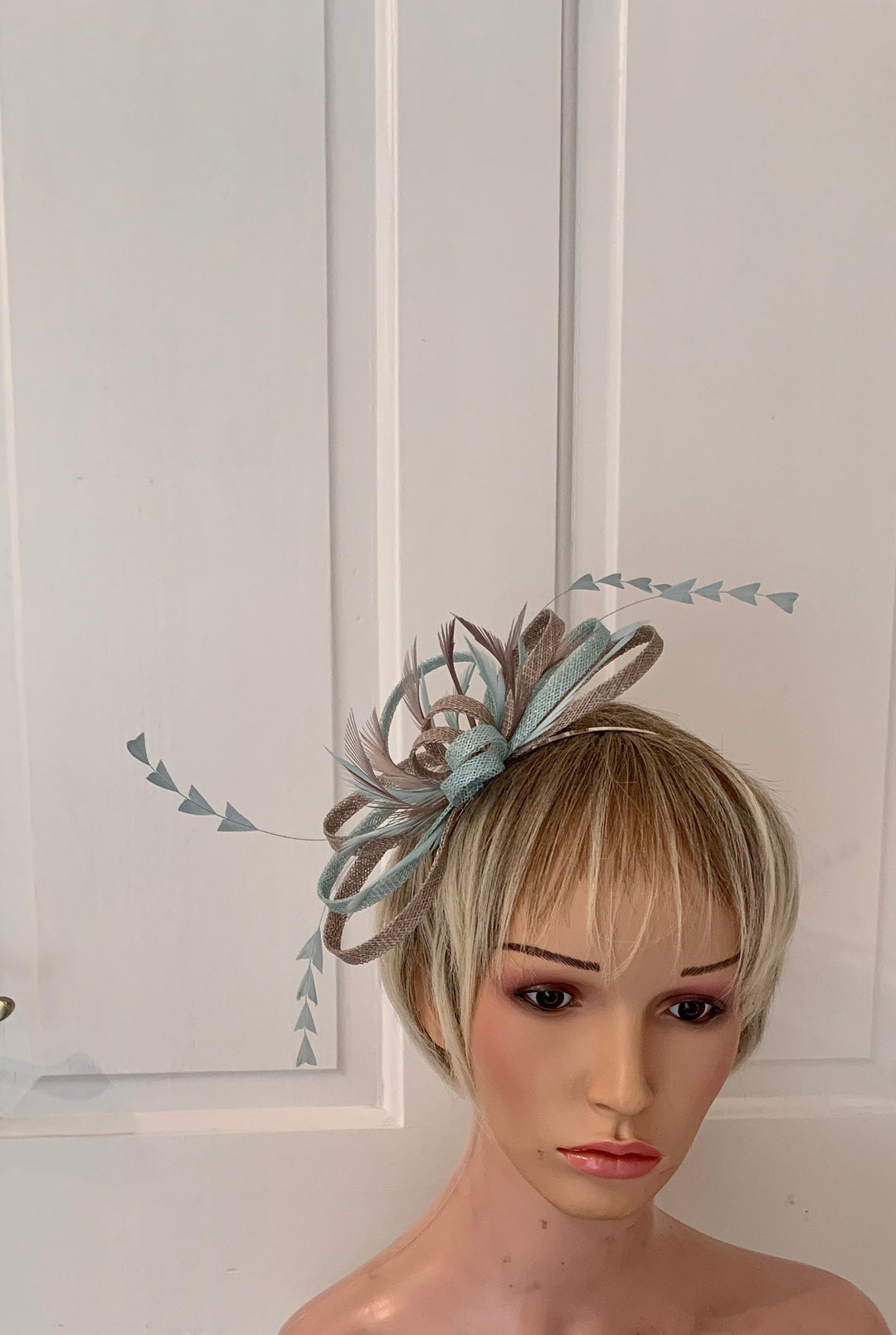 Duck Egg and Taupe Feather Fascinator, Blue Aqua Fascinator With Taupe ...