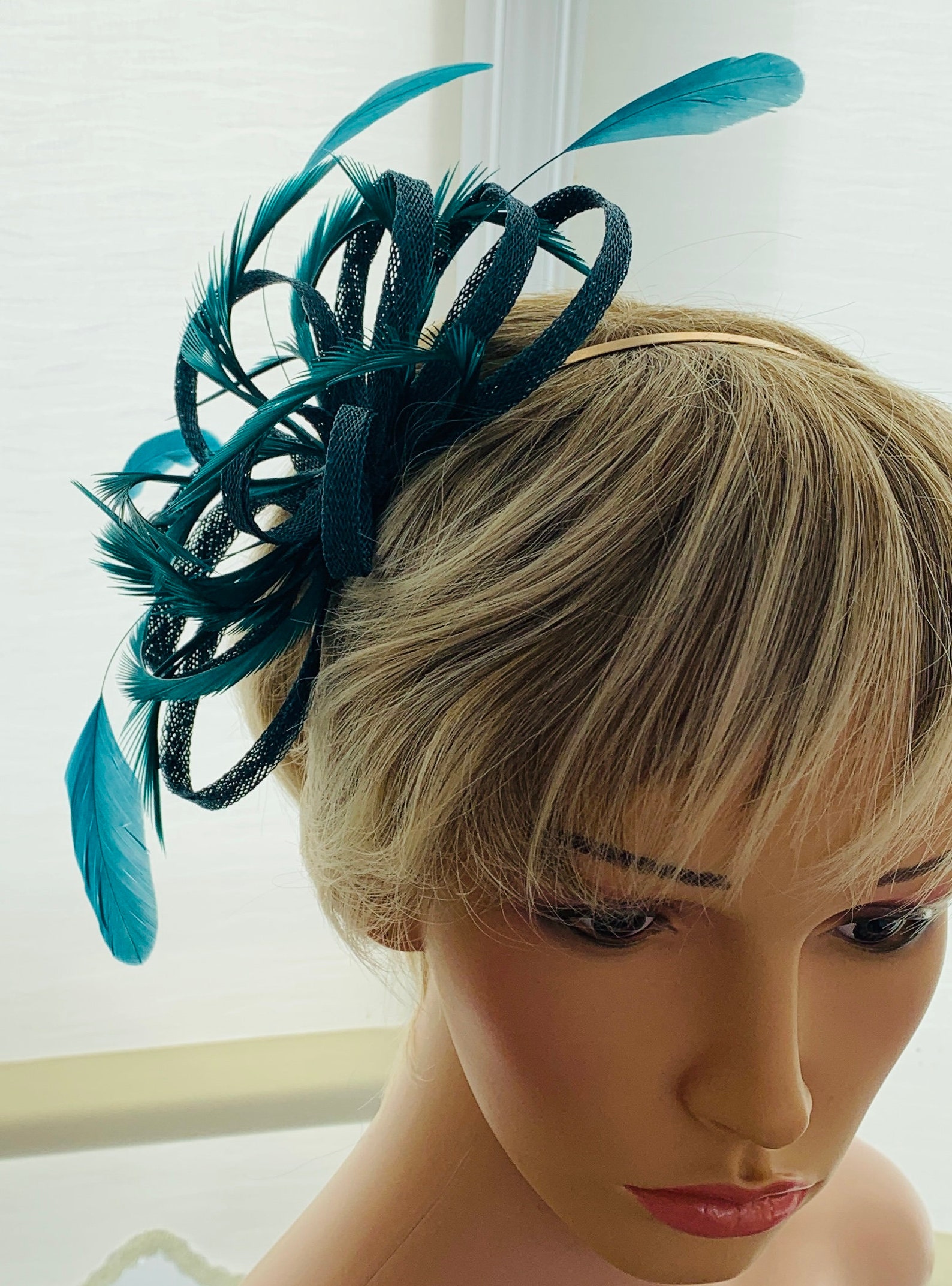 Teal feather fascinator for wedding small unique teal | Etsy
