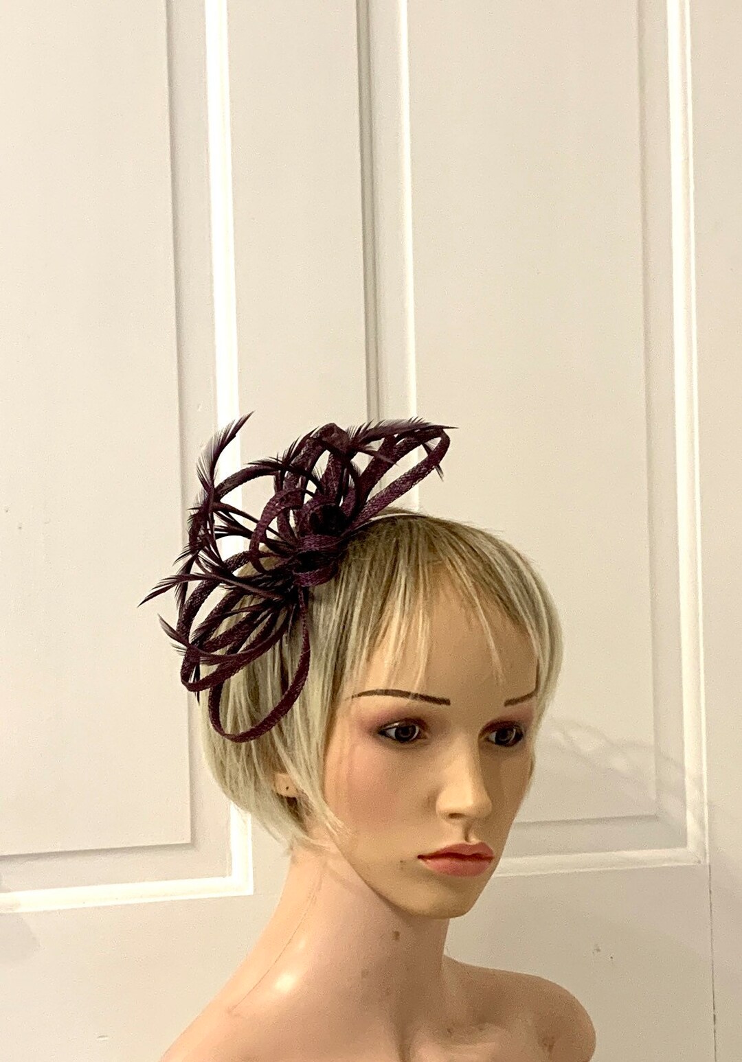 Aubergine Feather Fascinator, Small Plum Feather Fascinator on Hairband ...