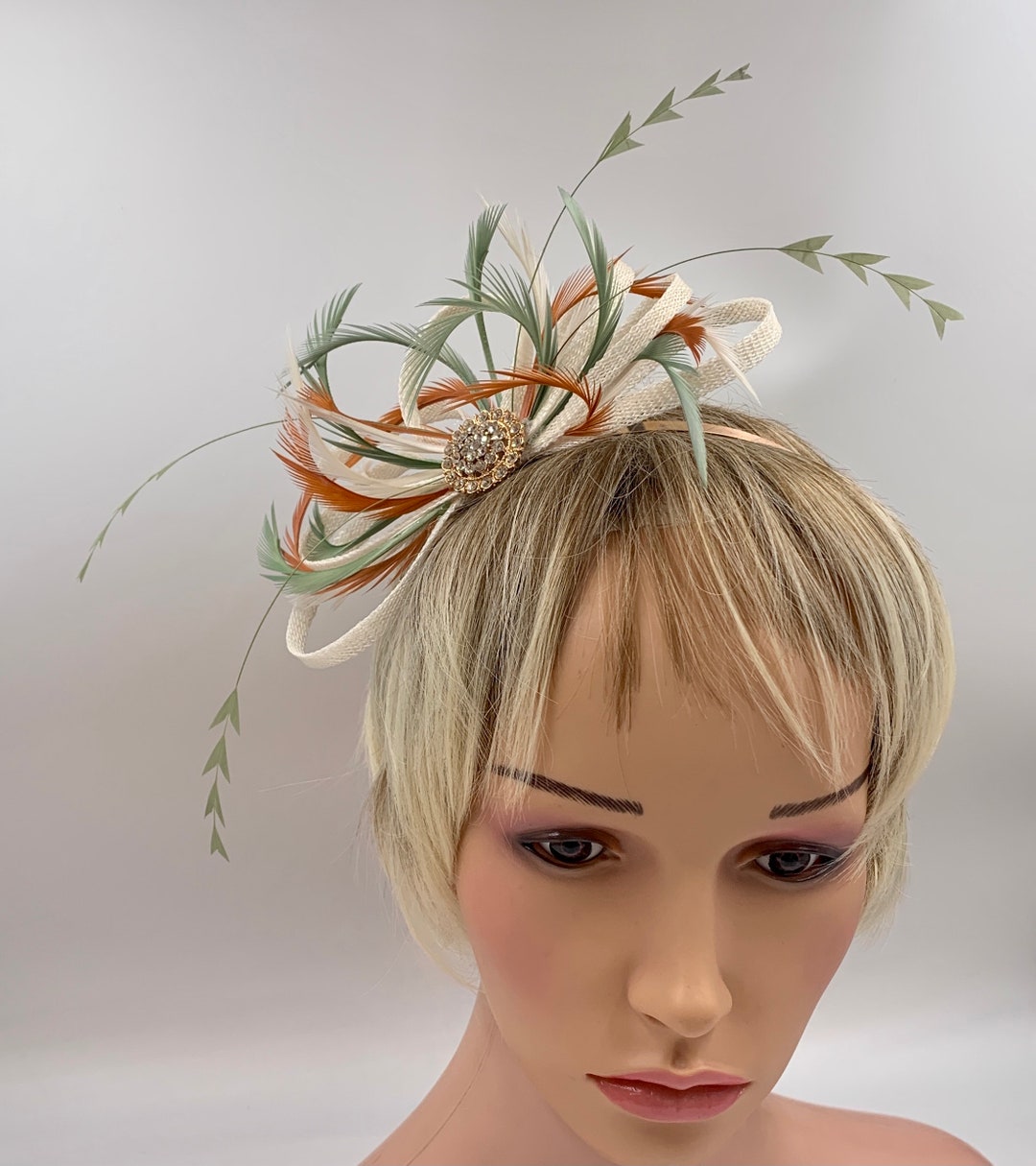 Ivory, Sage Green and Burnt Orange Feather Fascinator for Weddings on ...