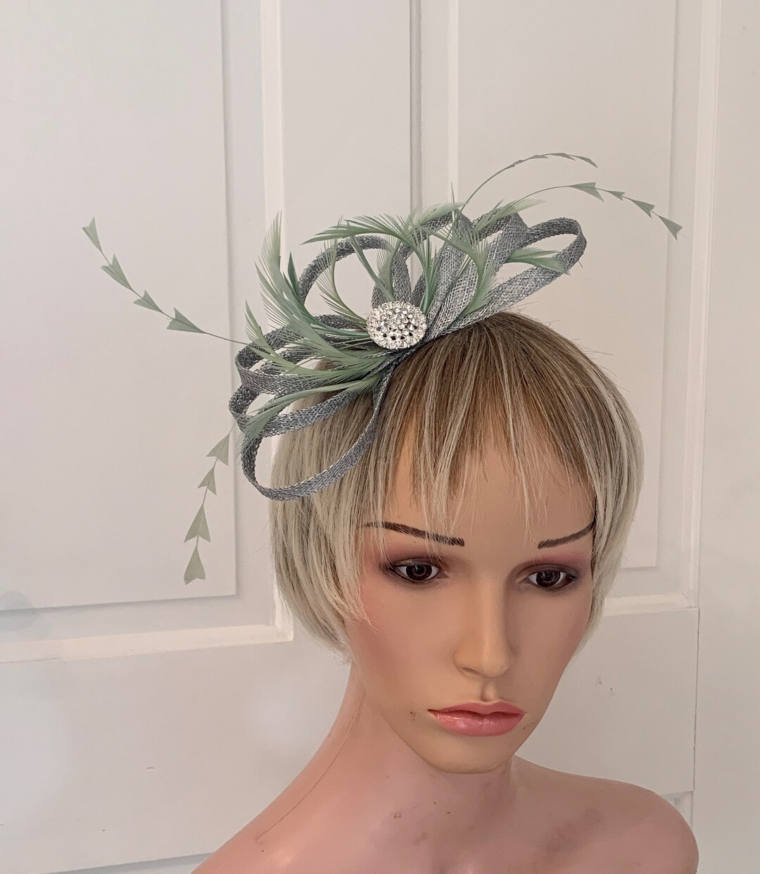 Silver and Sage Green Feather Fascinator, Silver Fascinator With Green ...