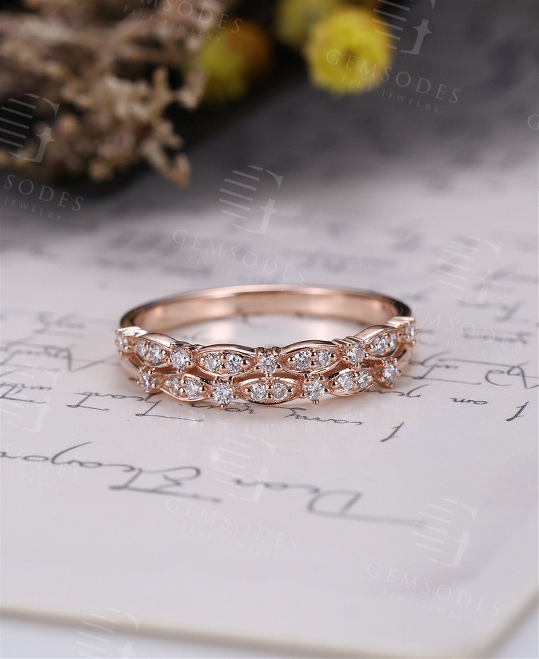 Vintage Rose Gold Wedding Band Women, Antique Matching Stacking Diamond ...