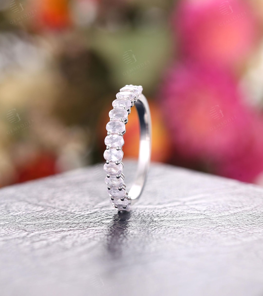 Rose Quartz Wedding Band White Gold Oval Quartz Half Eternity Woman ...