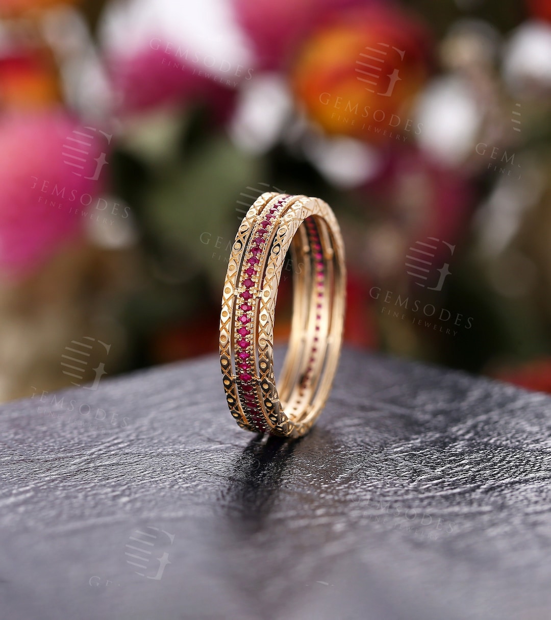 Vintage Ruby Wedding Band,unique Couple Ring,matching Stacking Ring for ...
