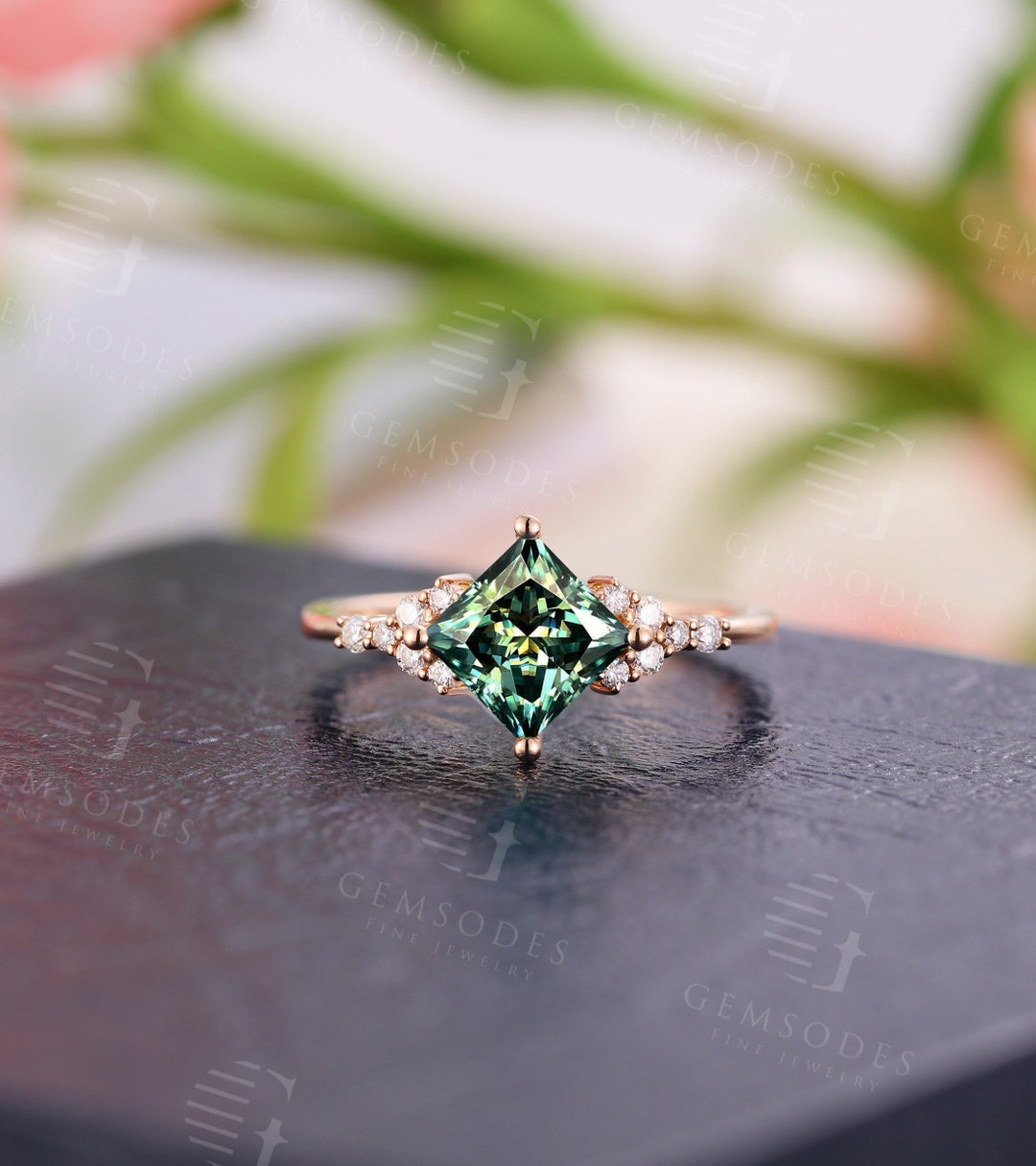 Vintage Princess Cut Engagement Ring,green Moissanite Rose Gold Wedding ...