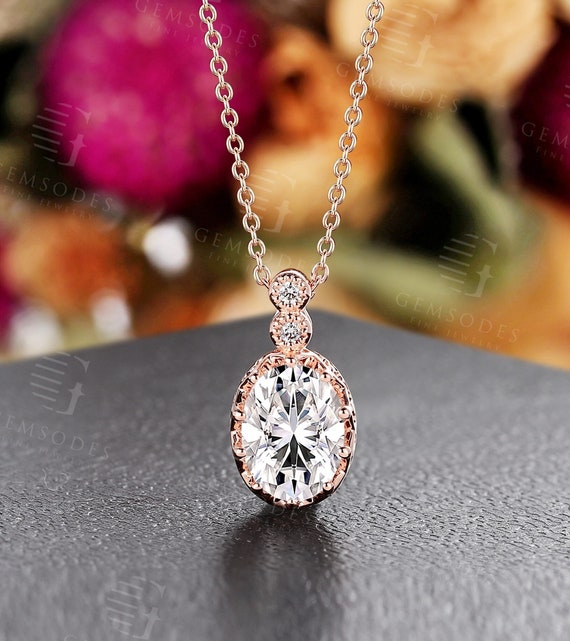 Vintage Oval Cut Moissanite Pendant Necklace Charm Rose Gold Necklace Unique Round Cut Diamond Necklace Anniversary Promise Necklace Etsy