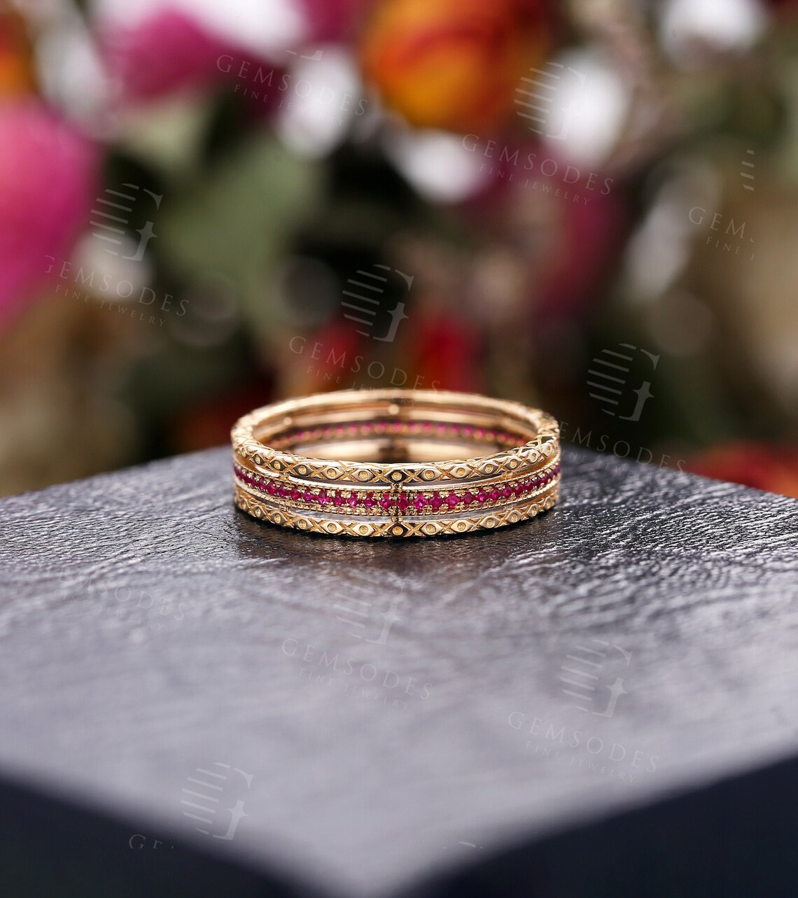 Vintage Wedding Band Women Unique Ruby Wedding Band Matching - Etsy