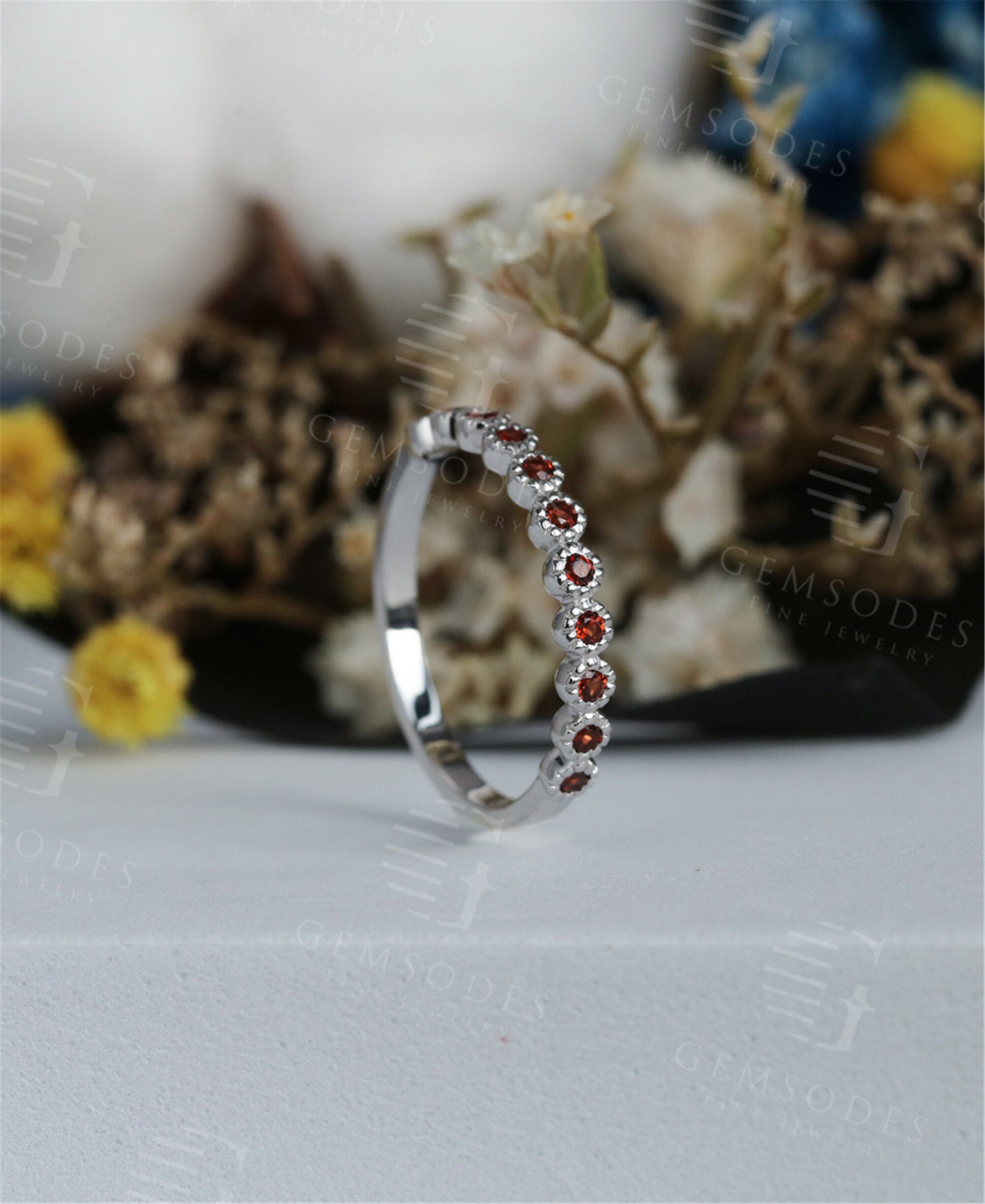 Ruby Wedding Band Vintage White Gold Antique Bezel Set | Etsy