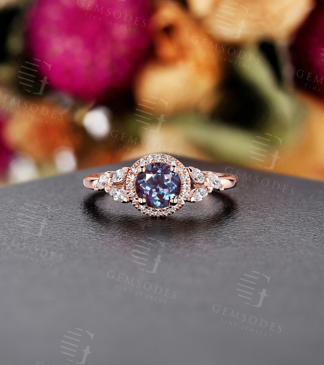 Vintage Lab Alexandrite Engagement Ring Rose Gold Halo Diamond Ring ...