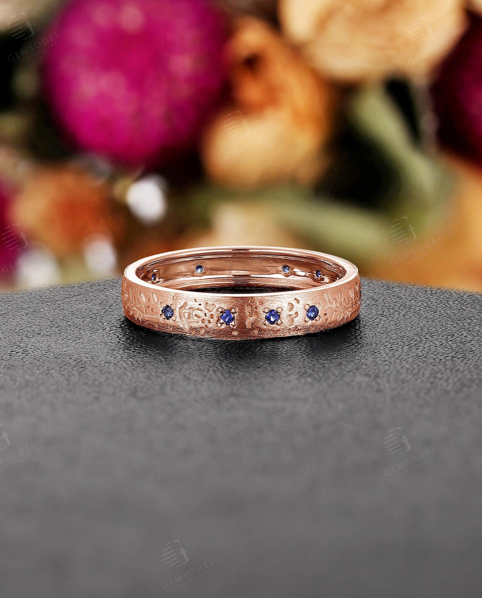 Vintage Lab Sapphire Wedding Band - Handcrafted Textured 14K Rose Gold ...