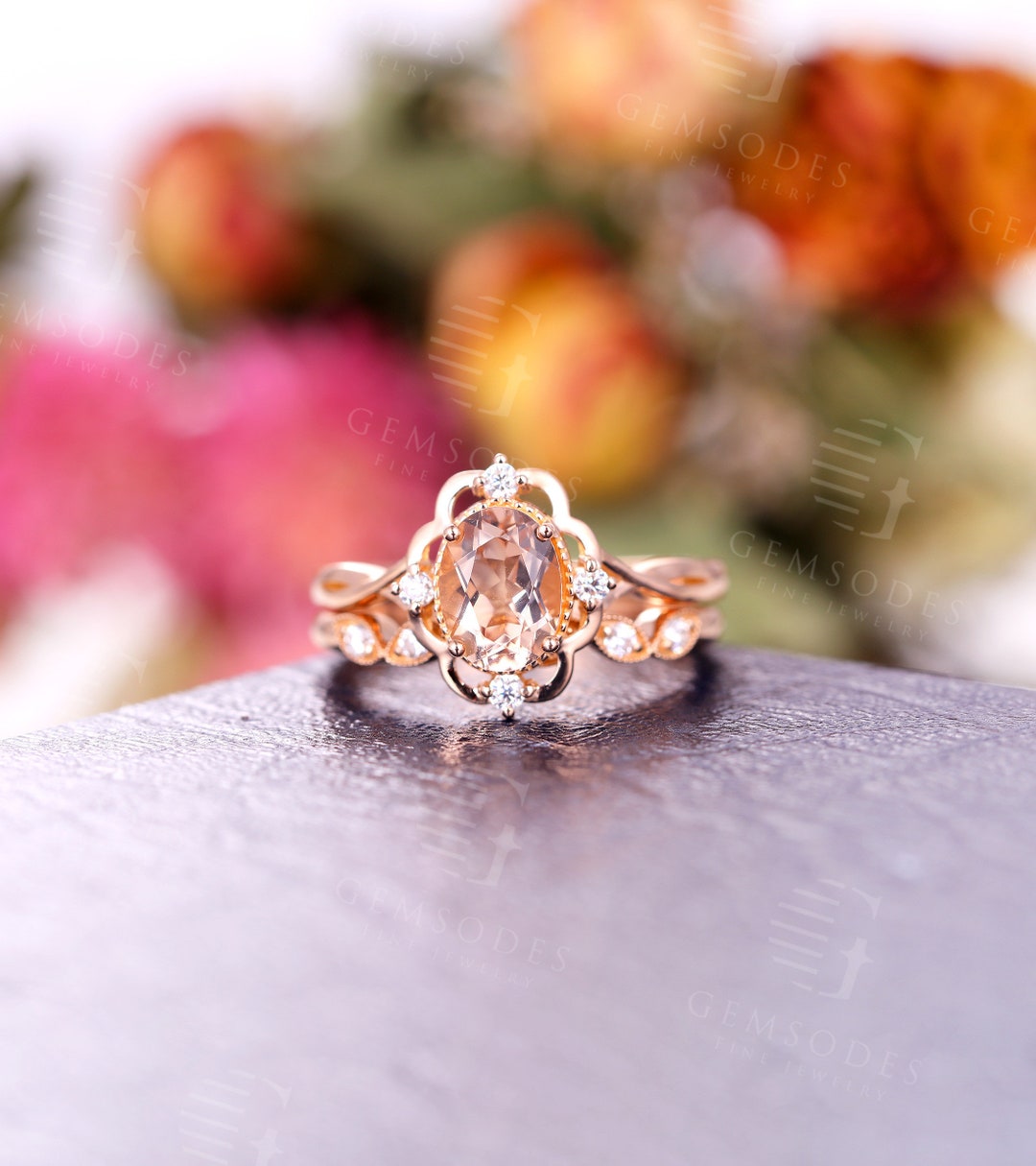 Vintage Engagement Ring Rose Gold Morganite Ring Women Art Deco Bridal ...