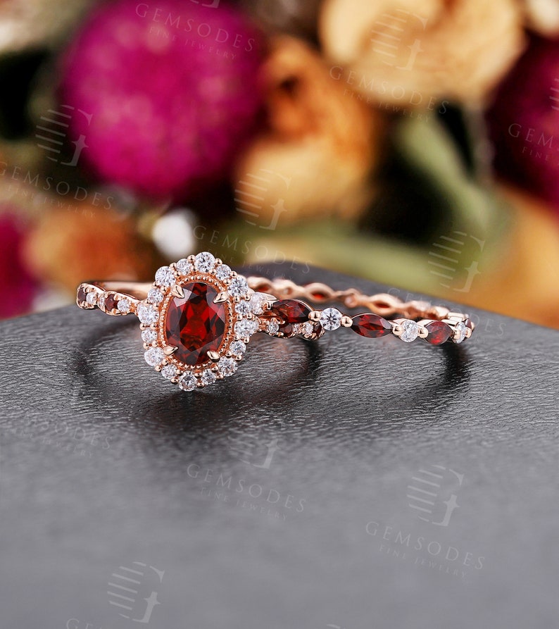 Oval Shaped Garnet Halo Engagement Ring Set Rose Gold Ring - Etsy
