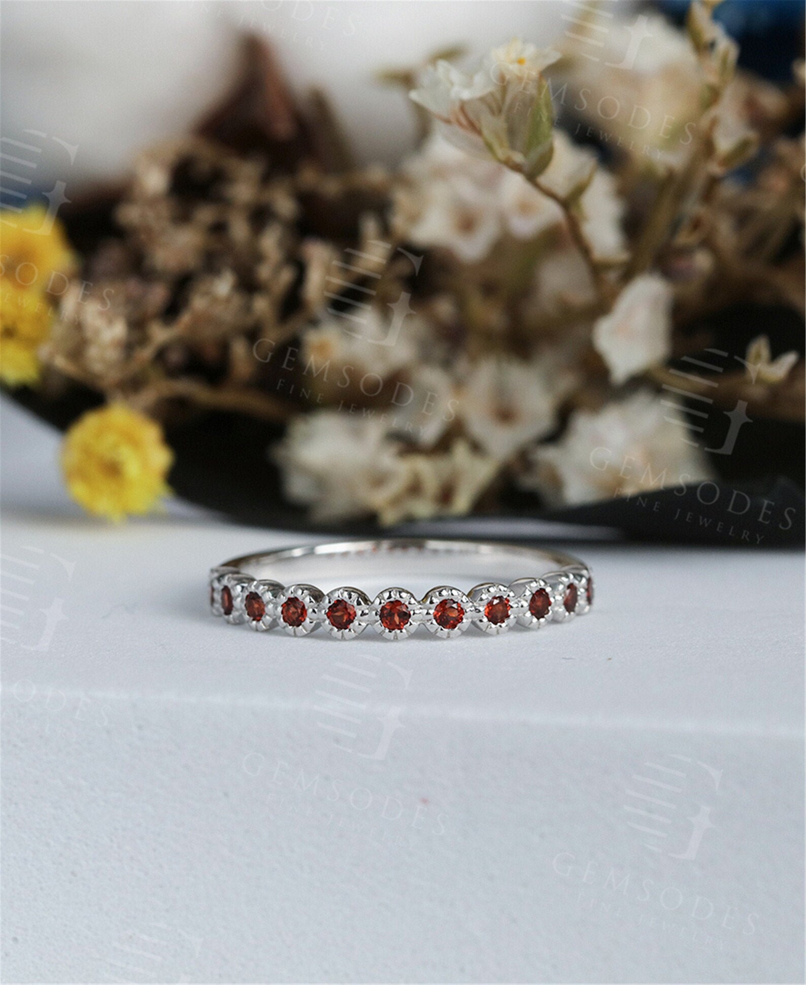 Ruby Wedding Band Vintage White Gold Antique Bezel Set | Etsy