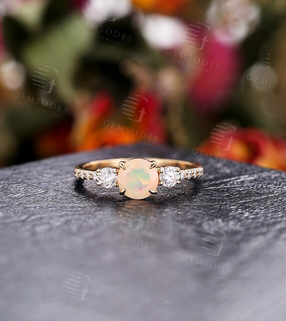 Faceted Opal Engagement Ring Rose Gold Diamond Wedding Antique - Etsy