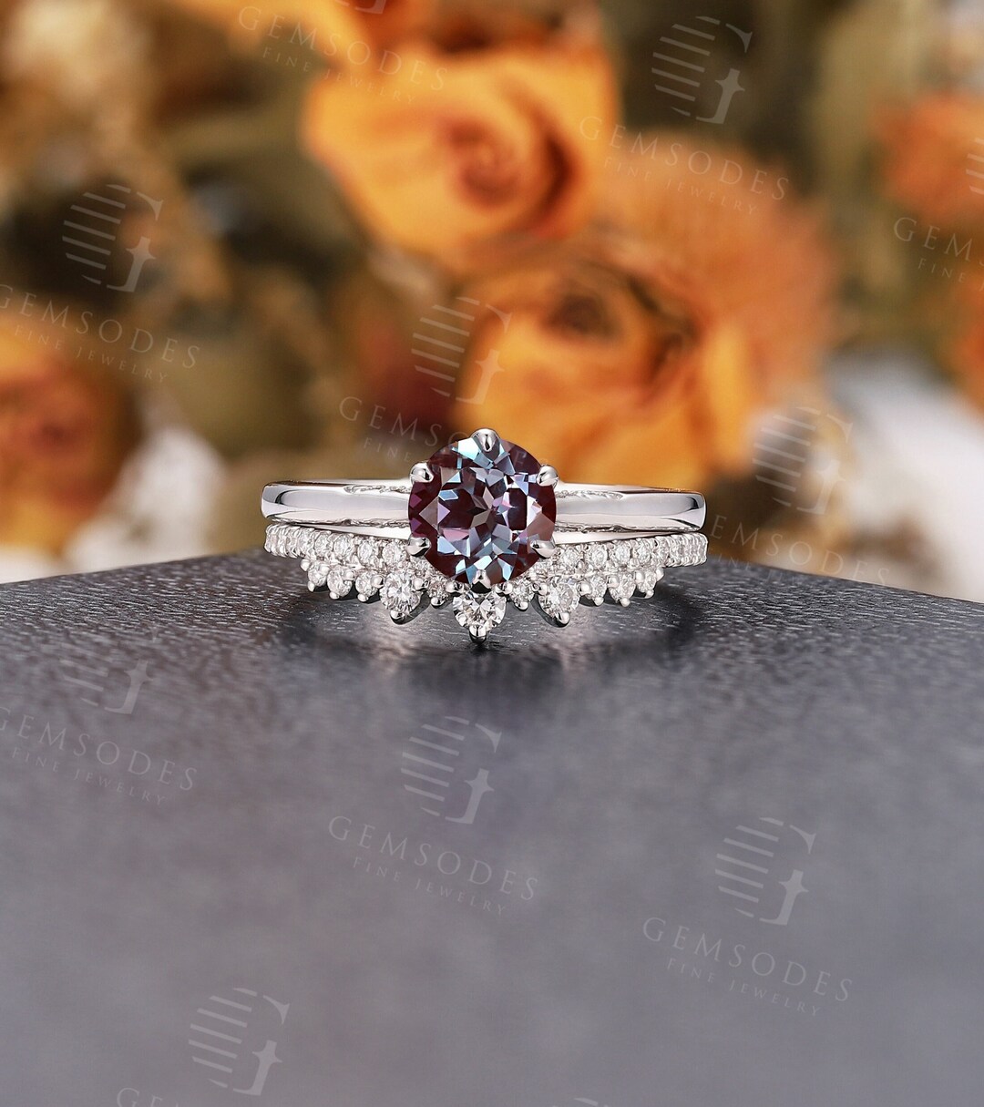 Vintage Alexandrite Round Bridal Set, Art Deco White Gold Solitaire ...