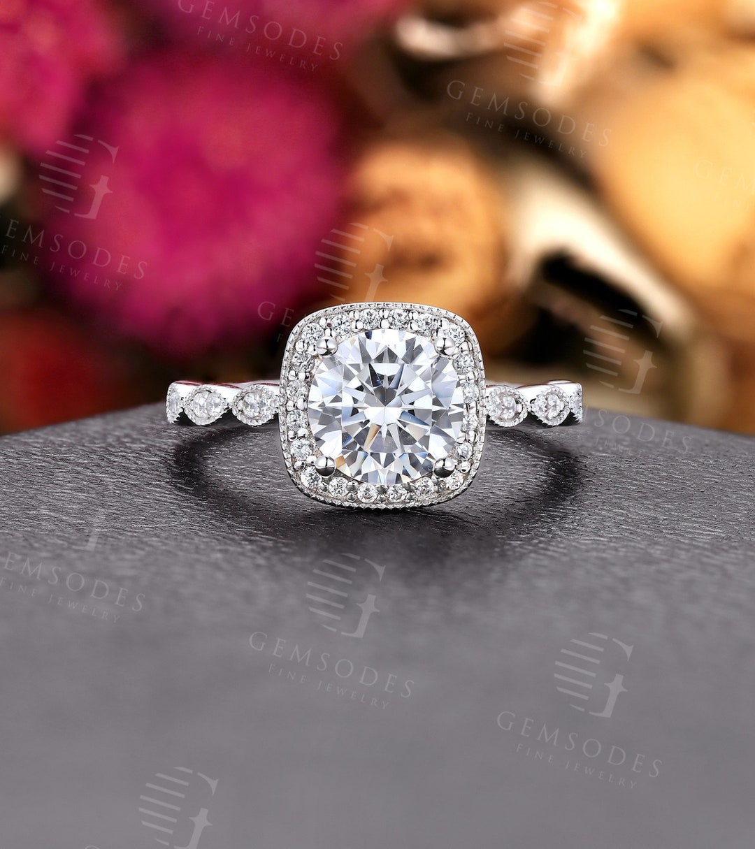 Vintage Moissanite Engagement Ring Round Cut White Gold Ring Diamond ...