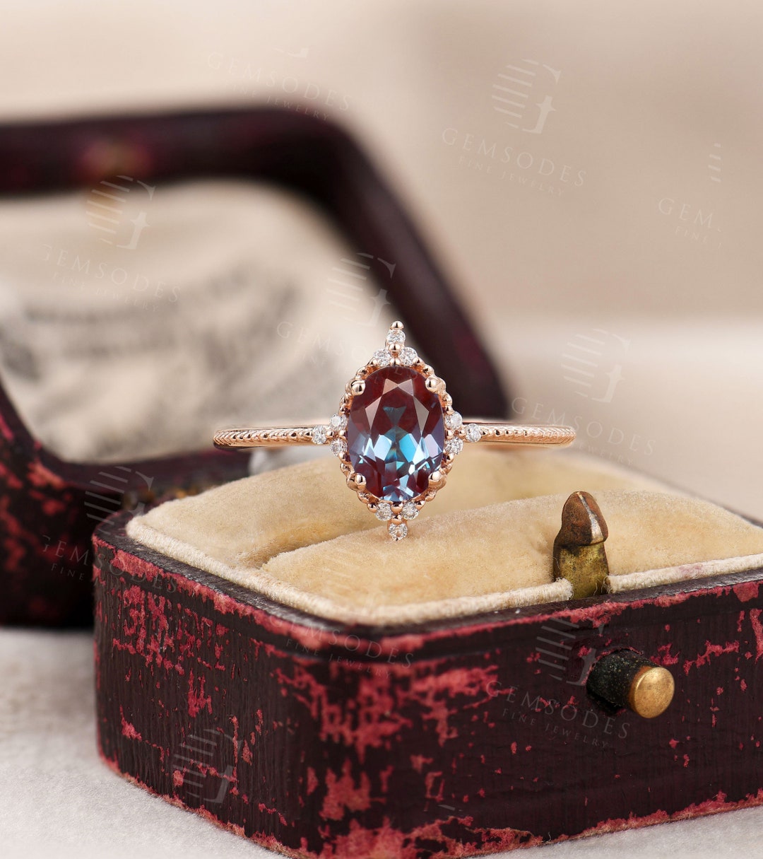 Oval Lab Alexandrite Engagement Ring Vintage Art Deco Ring - Etsy