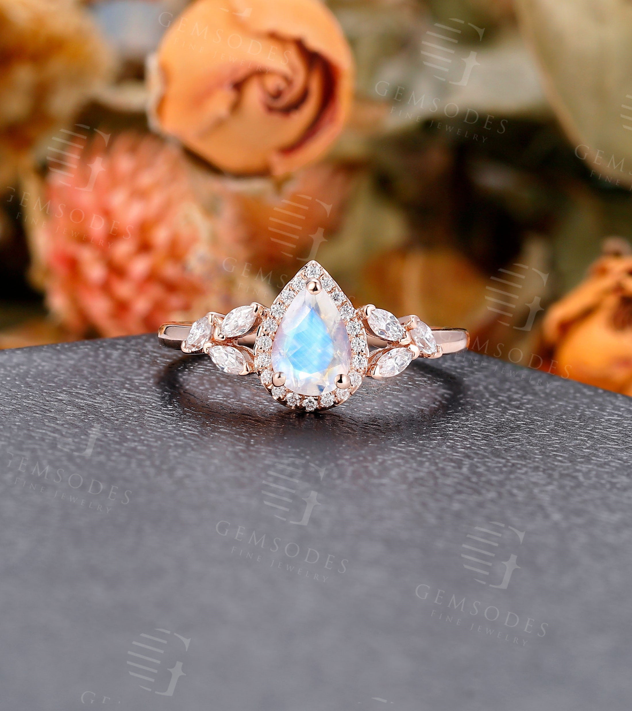 Pear shaped moonstone engagement ring Vintage Halo ring Art | Etsy