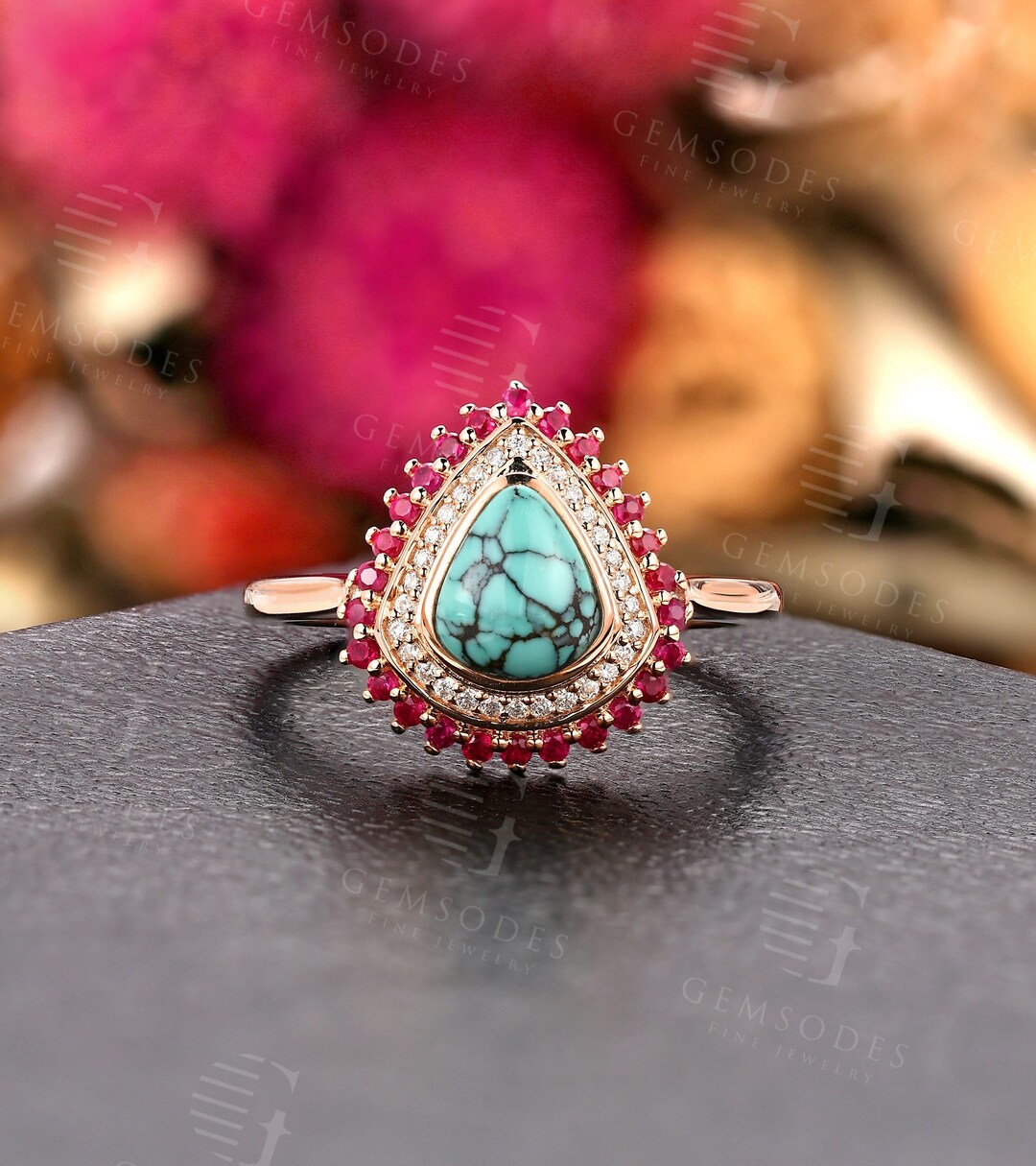 Green Matrix Turquoise Engagement Ring Pear Rose Gold Ring Round ...