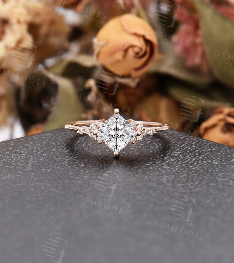 Art Deco Princess Cut Moissanite Engagement Ring - Unique Rose Gold ...