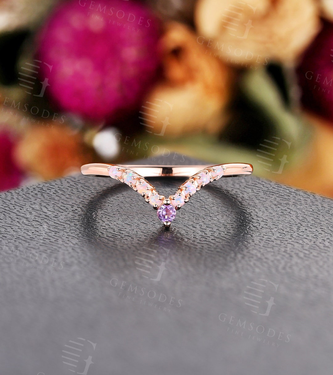 Antique Round Shape Amethyst Wedding Band Rose Gold Ring Vintage Curved ...