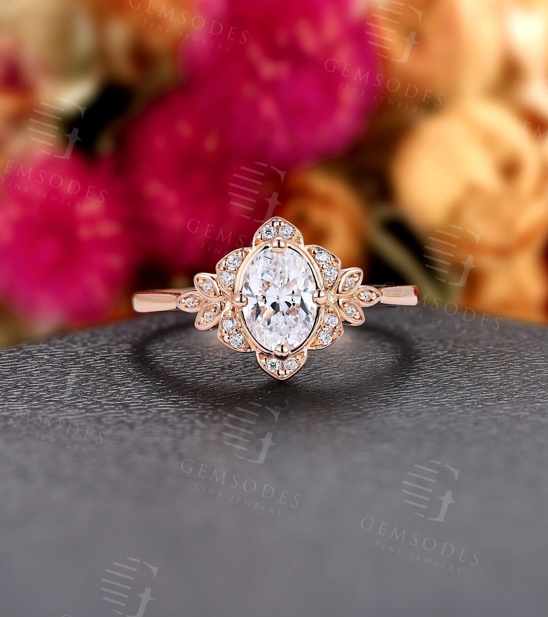 Vintage Moissanite Leaf Engagement Ring Rose Gold Art Deco Diamond Ring ...