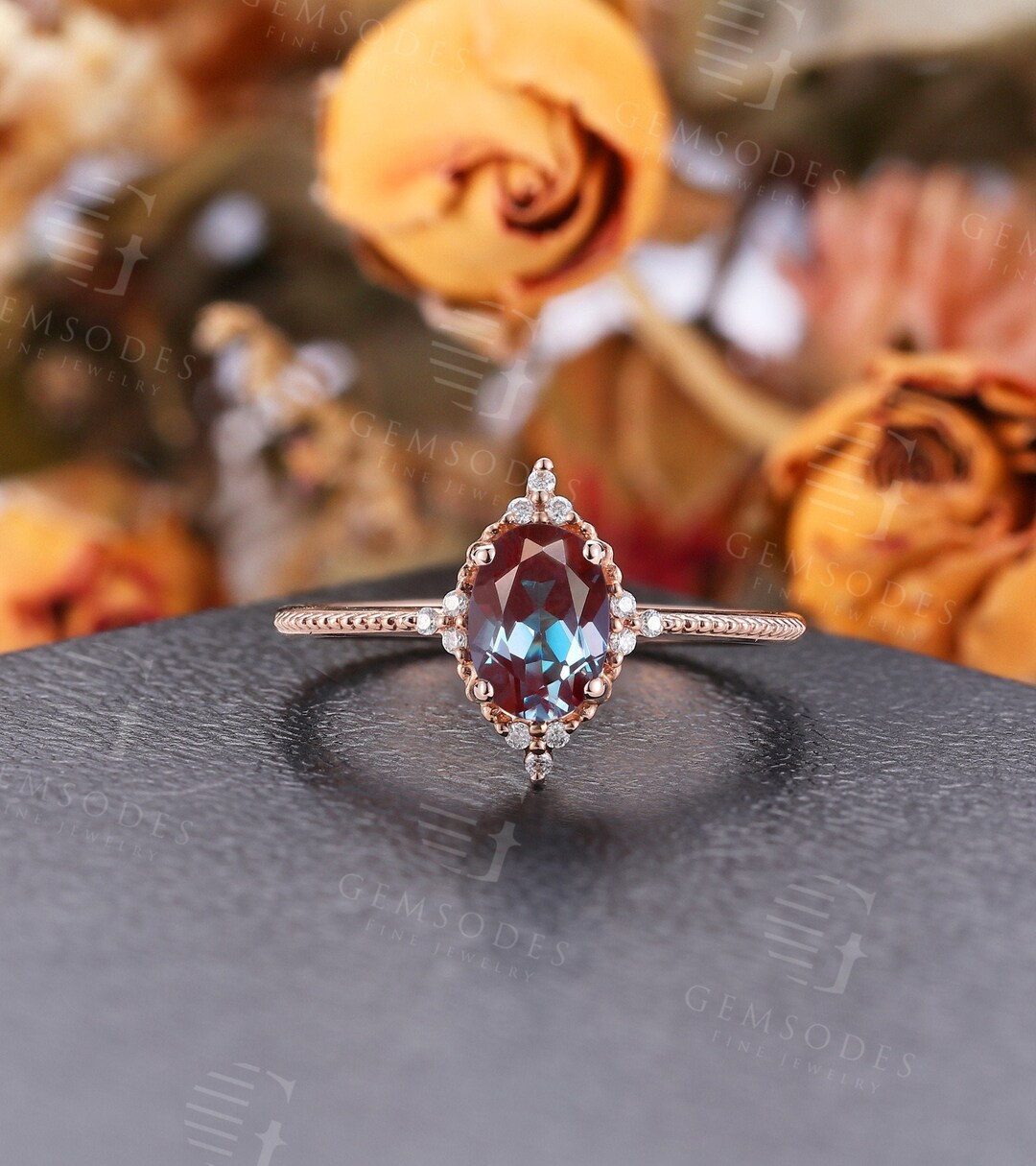 Oval Lab Alexandrite Engagement Ring Vintage Art Deco Ring Rose Gold ...