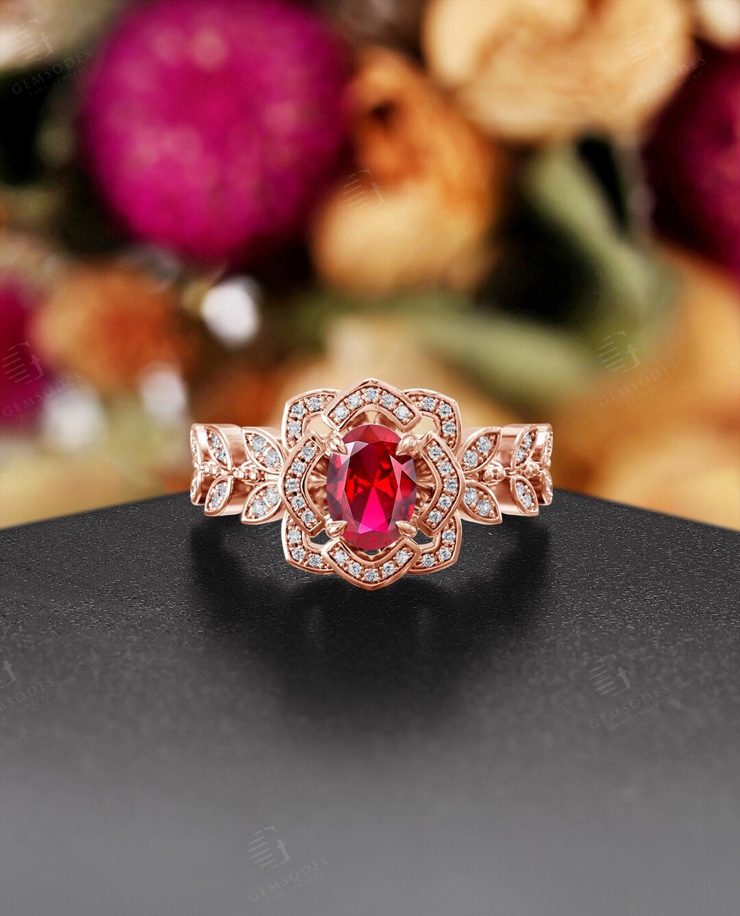 Vintage Ruby Engagement Ring,nature-inspired Oval Ruby Ring,rose Gold ...